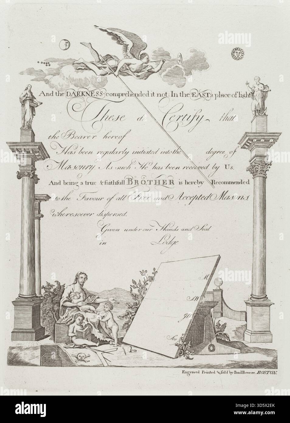 A Masonic certificate created by Paul Revere in 1796 and printed in ...
