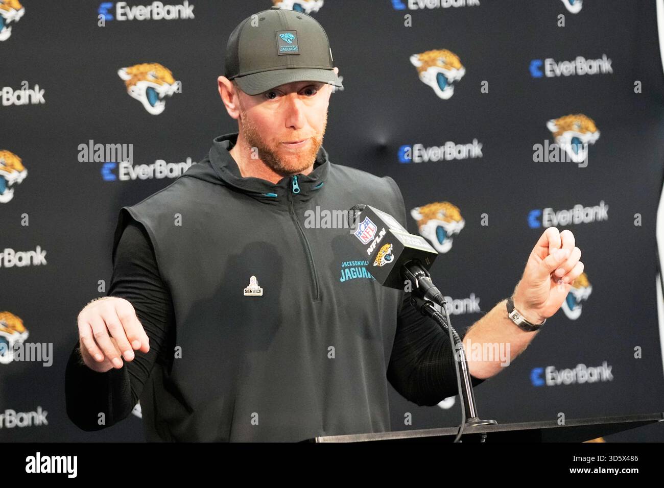 Jacksonville Jaguars head coach Liam Coen speaks at a news conference ...