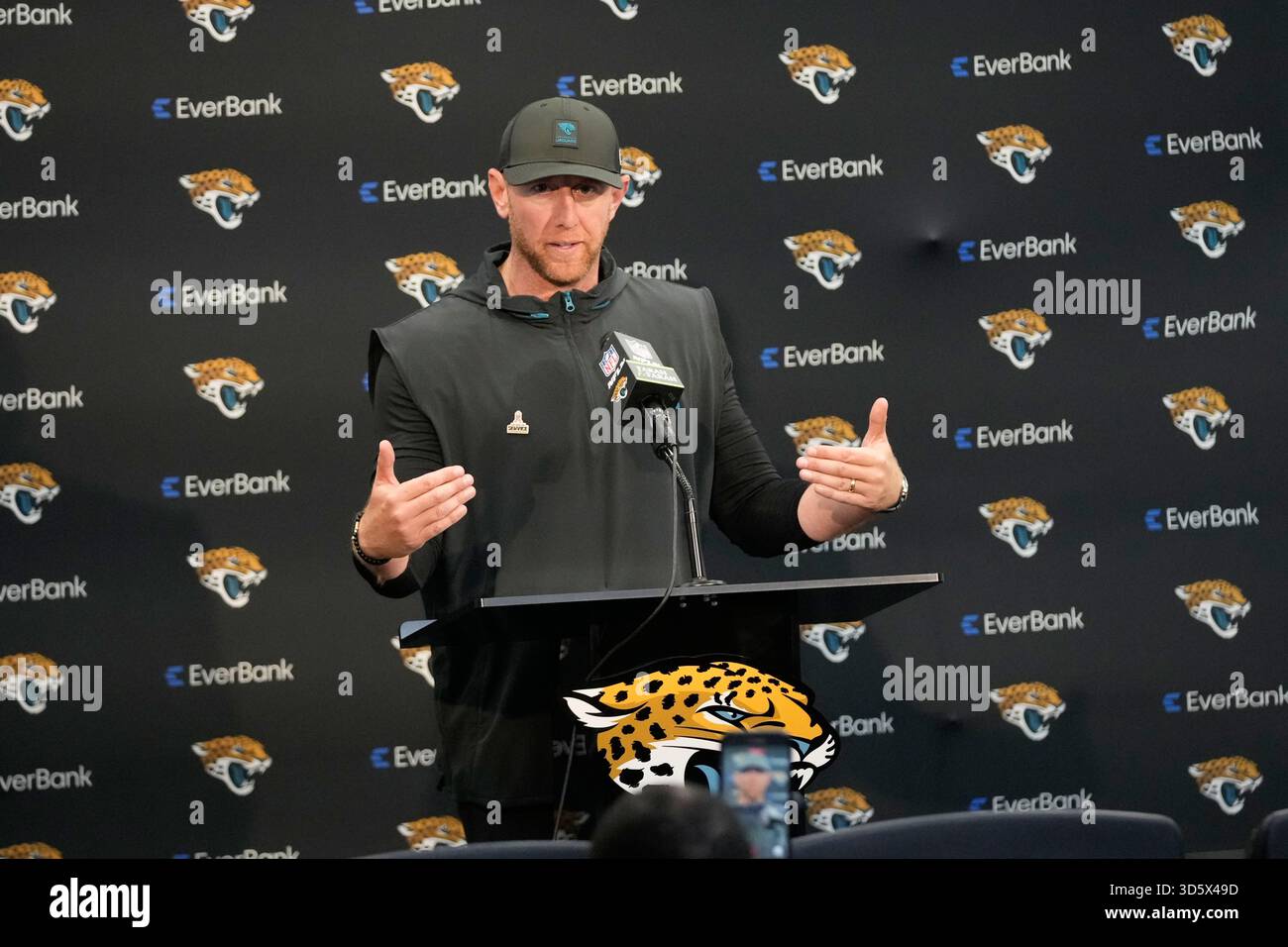 Jacksonville Jaguars head coach Liam Coen speaks at a news conference ...