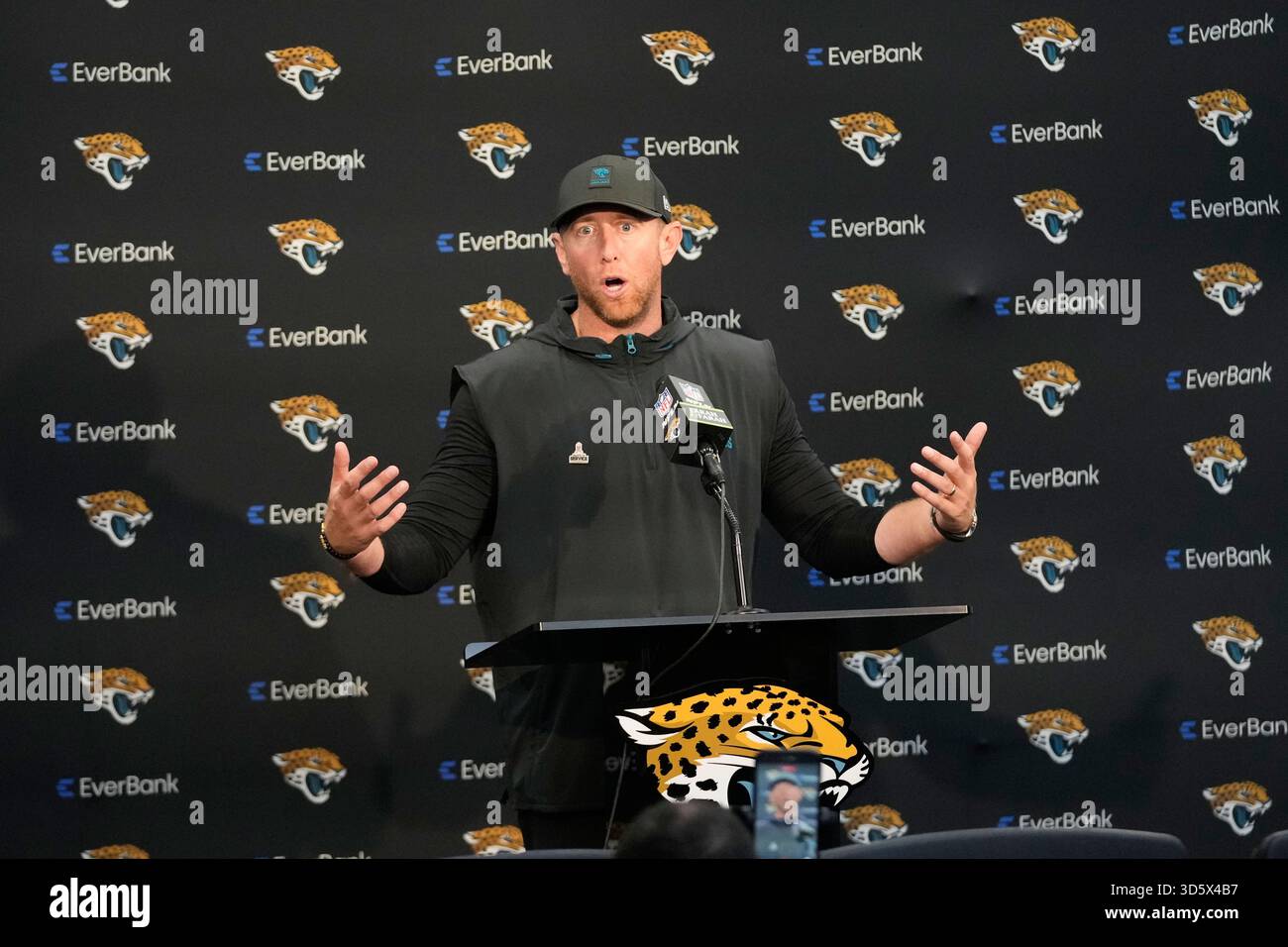 Jacksonville Jaguars head coach Liam Coen speaks at a news conference ...