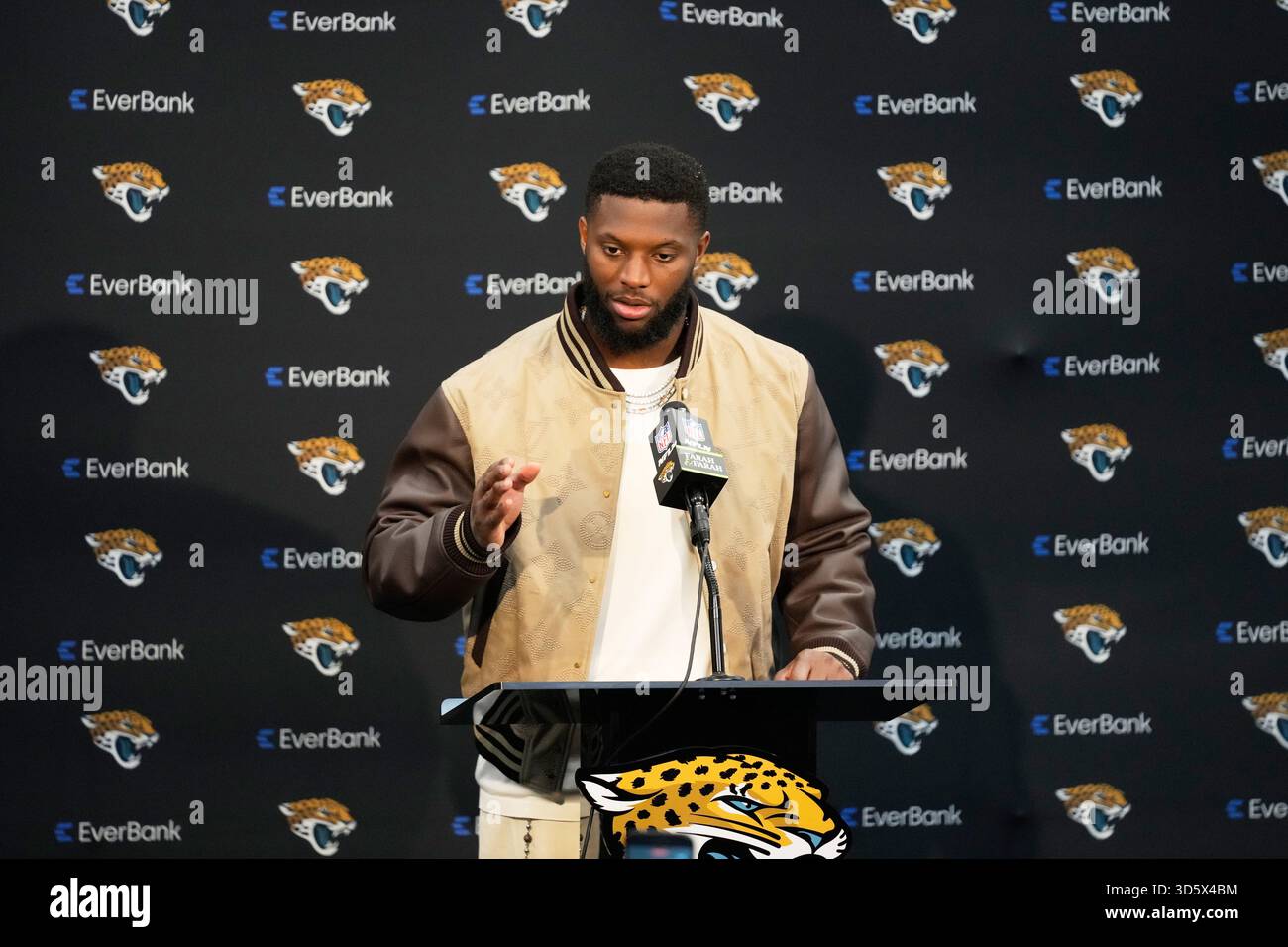 Jacksonville Jaguars defensive end Josh Hines-Allen (41) speaks at a ...