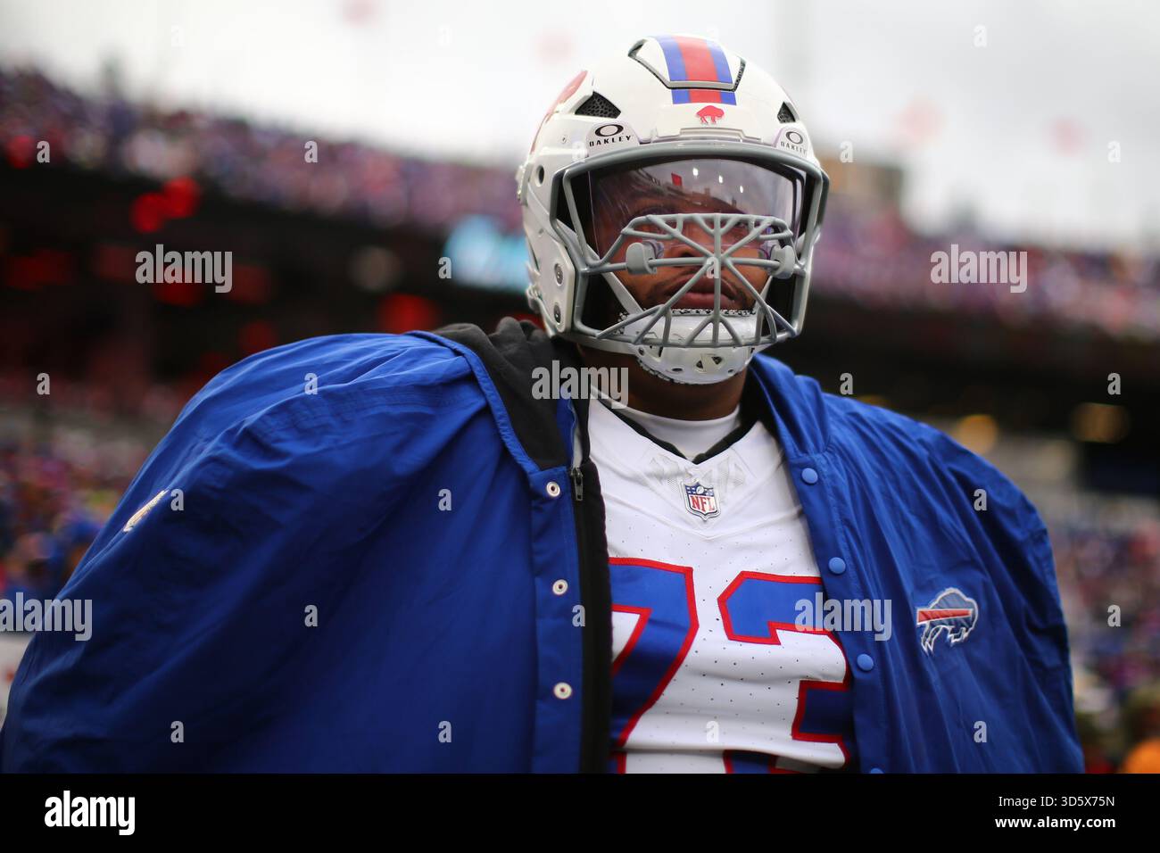 Buffalo Bills offensive tackle Dion Dawkins (73) looks on prior to the ...