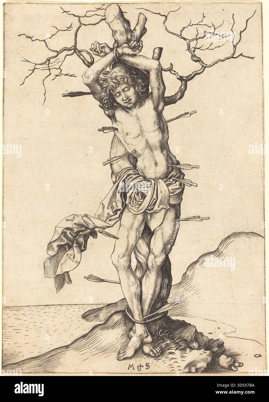 Martin Schongauer’s circa 1480–1490 engraving depicts Saint Sebastian ...