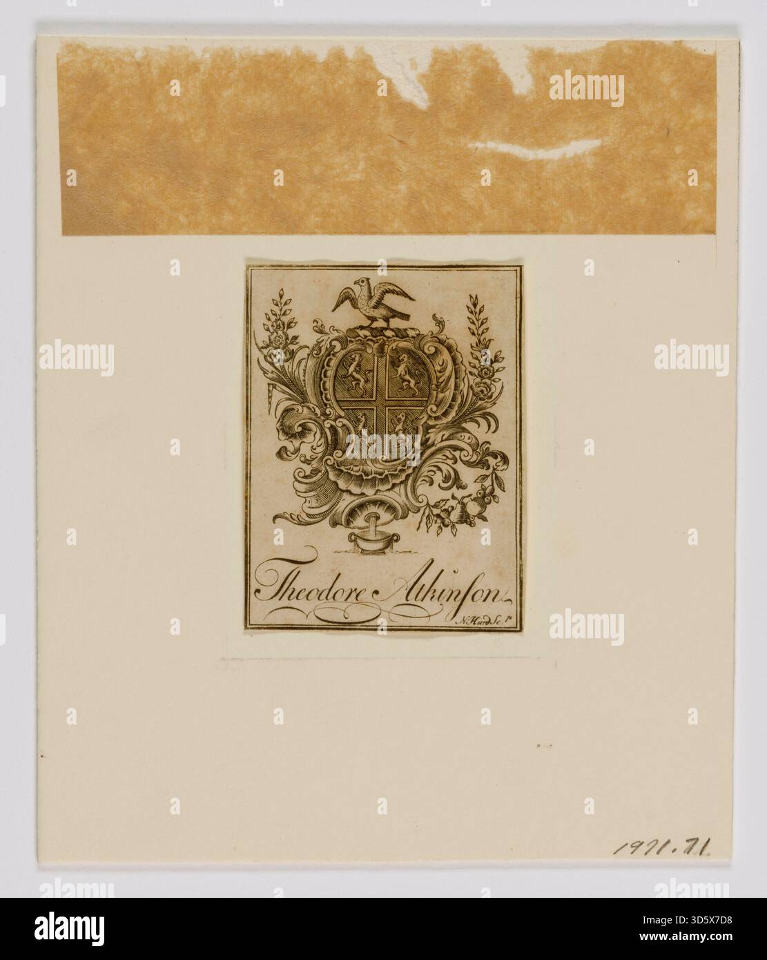 Historical engraving artwork depicting the ornate bookplate of Theodore ...
