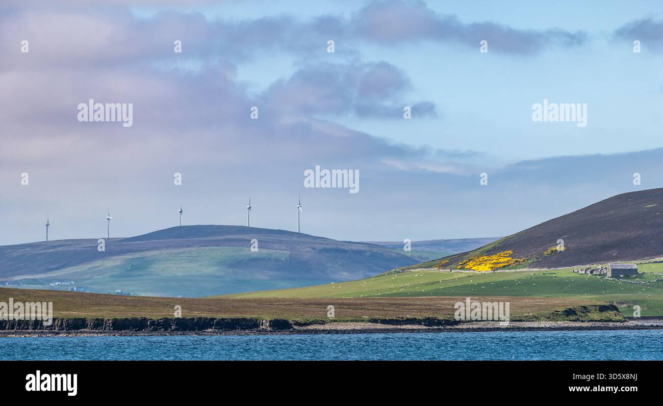 View of wind turbines on hill on Orkney mainland, Scotland, UK Stock ...