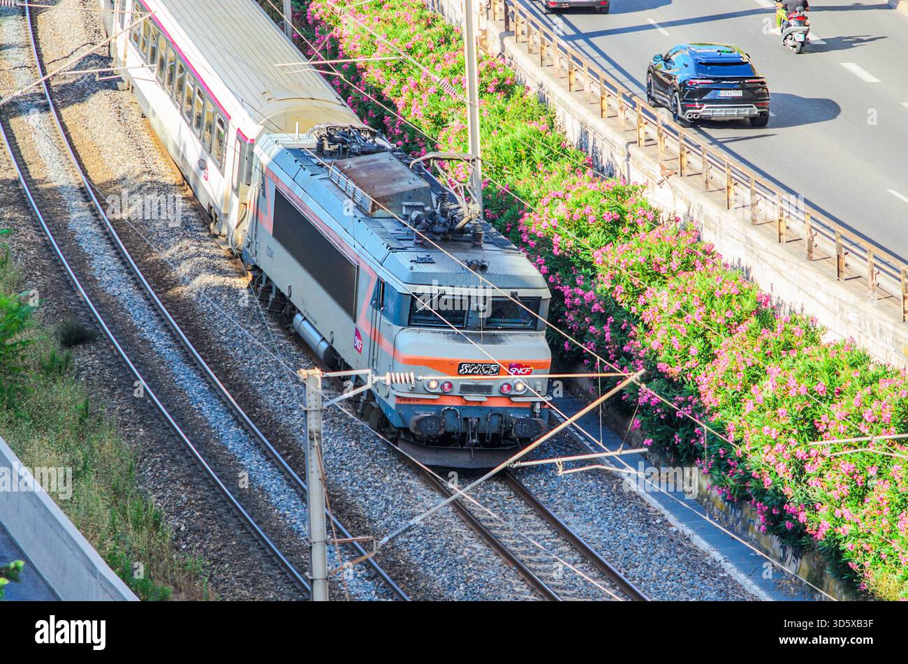 NICE FRANCE february 17 2025 close up view of modern locomotive front ...