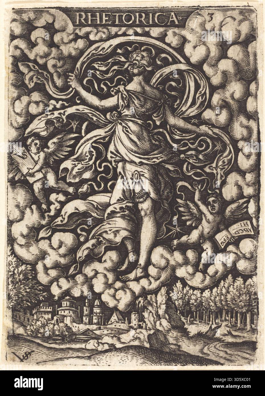 An illustration by Virgil Solis depicting Rhetorica, representing ...