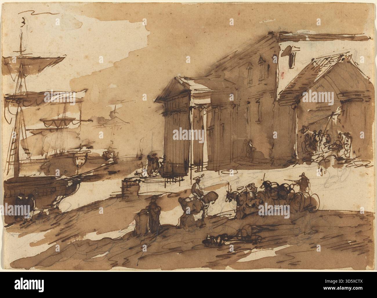 Painting by Giuseppe Bernardino Bison showing a capriccio of a port ...
