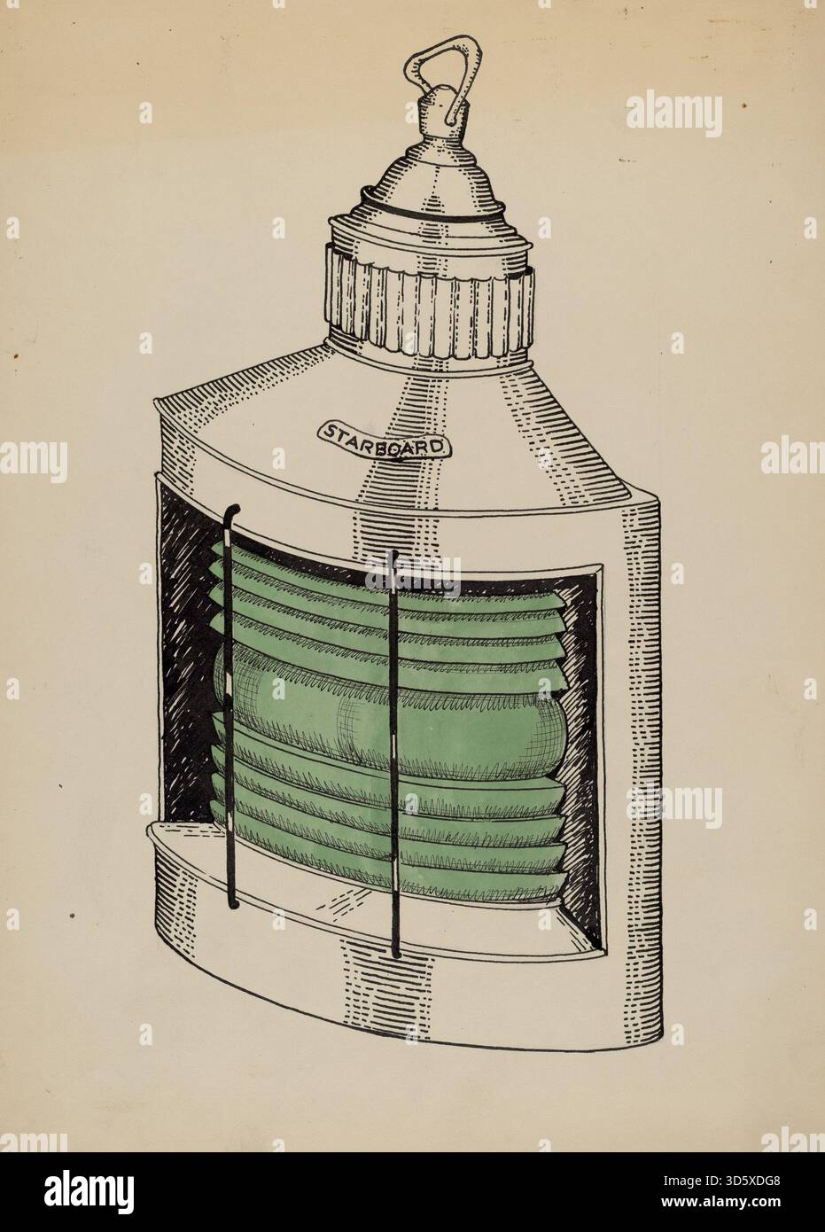 A ship lantern designed by Florence Huston around 1936, made of metal ...