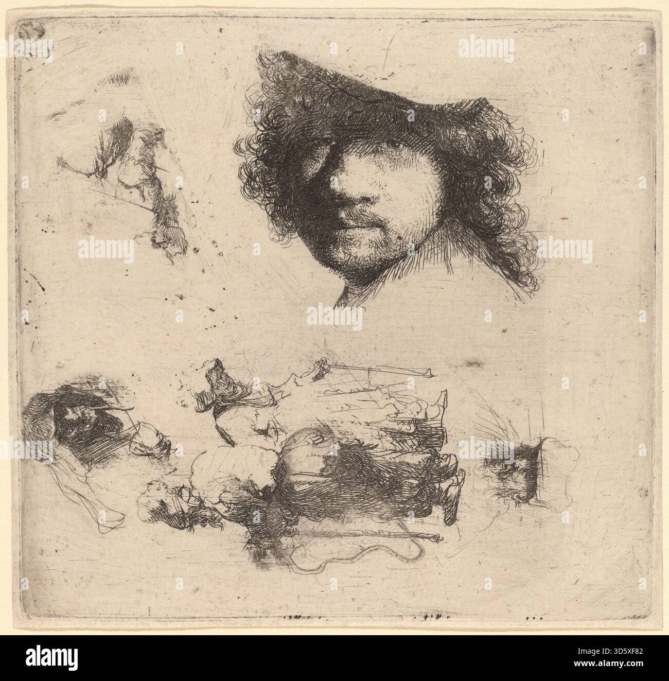 Sheet of studies by Rembrandt van Rijn around 1632 featuring his own ...
