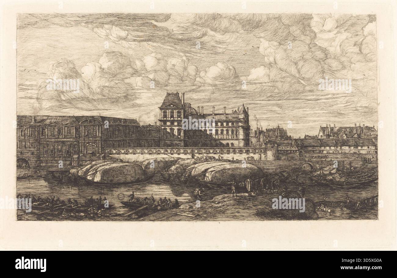 This 1866 etching by Charles Meryon depicts the Old Louvre in Paris ...