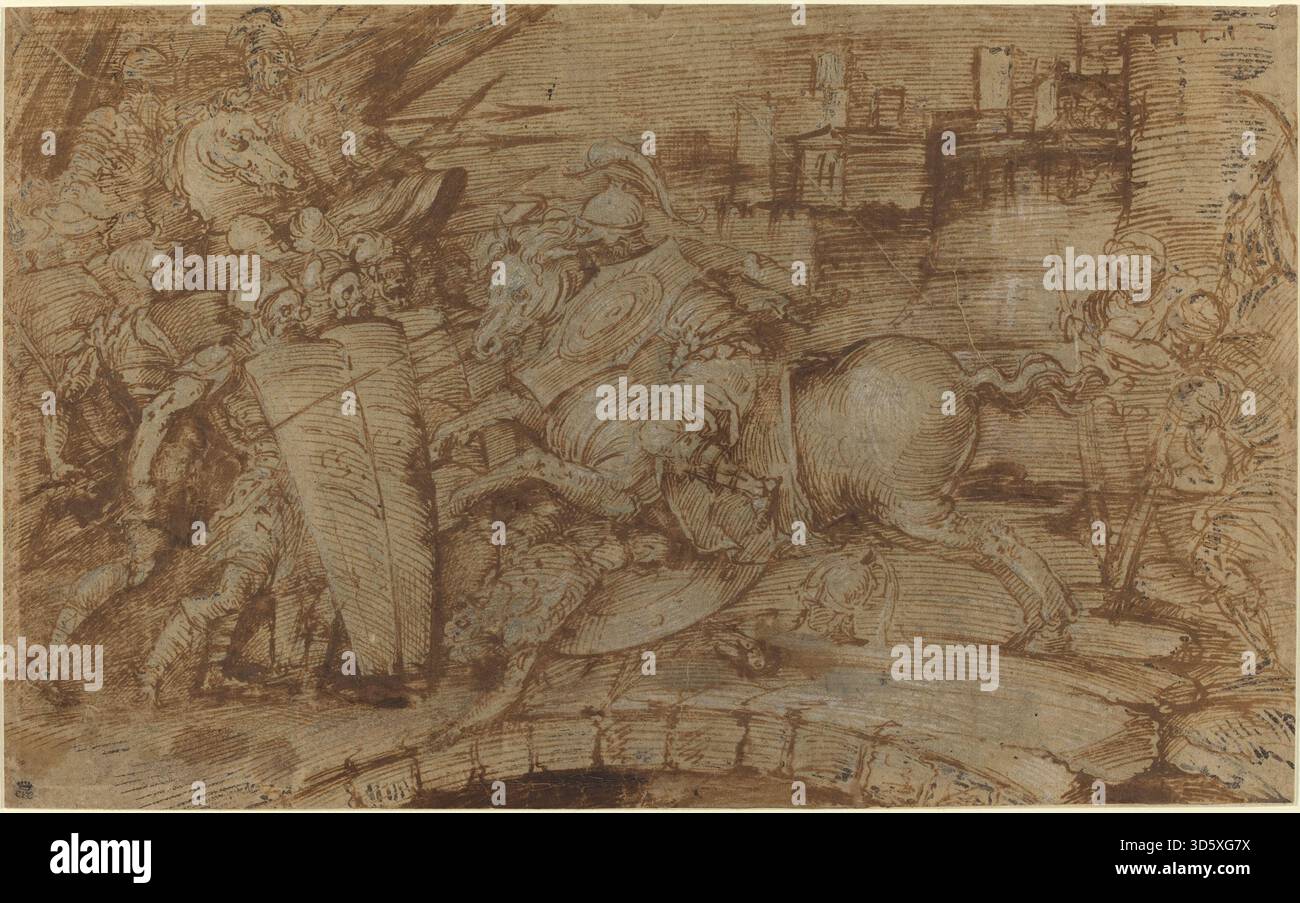 A 16th-century Italian engraving depicting Horatius Cocles defending ...