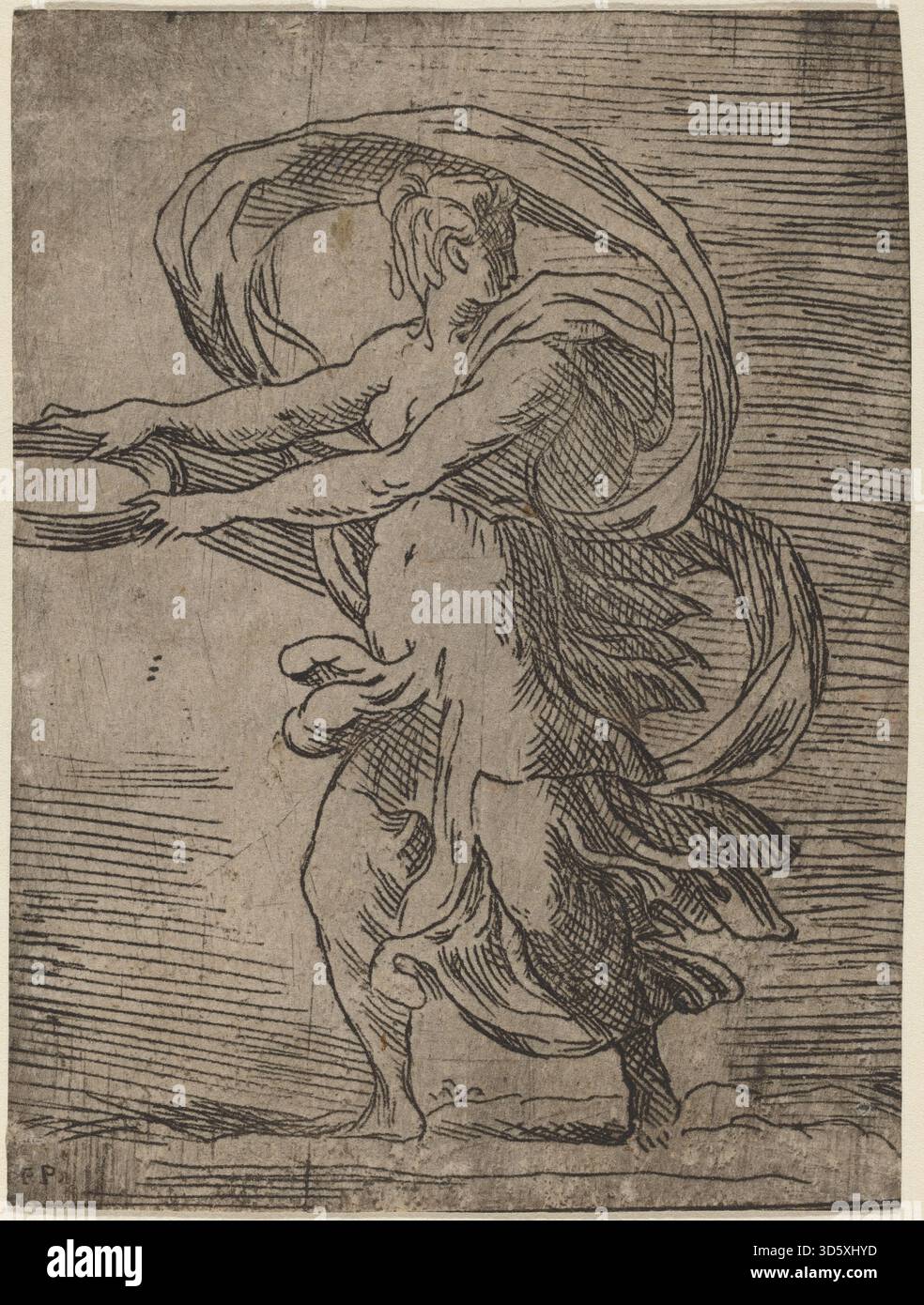 The artwork presents a woman carrying a tray, with attention to her ...