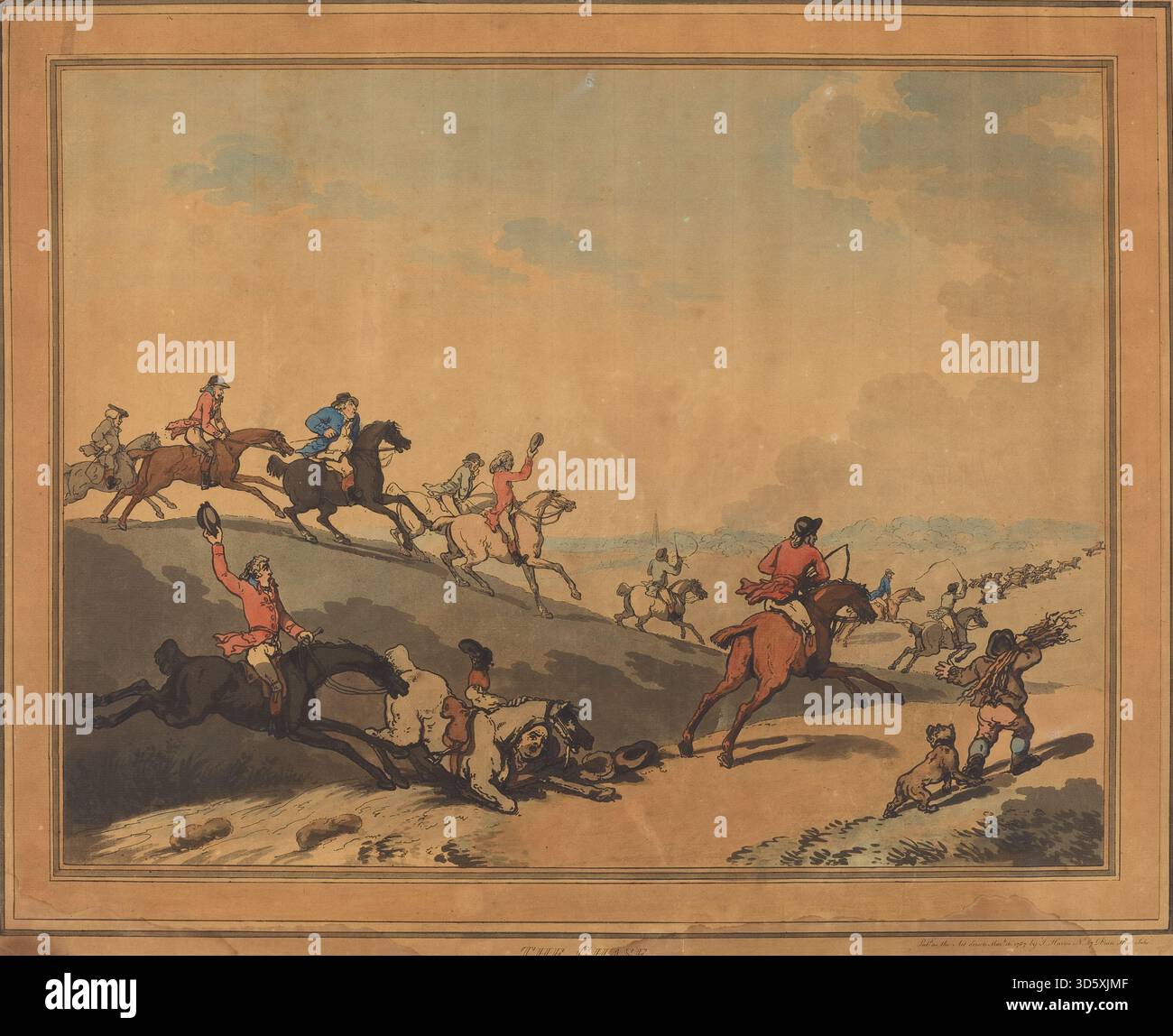 Print by Thomas Rowlandson depicting a hunting chase scene, showing ...