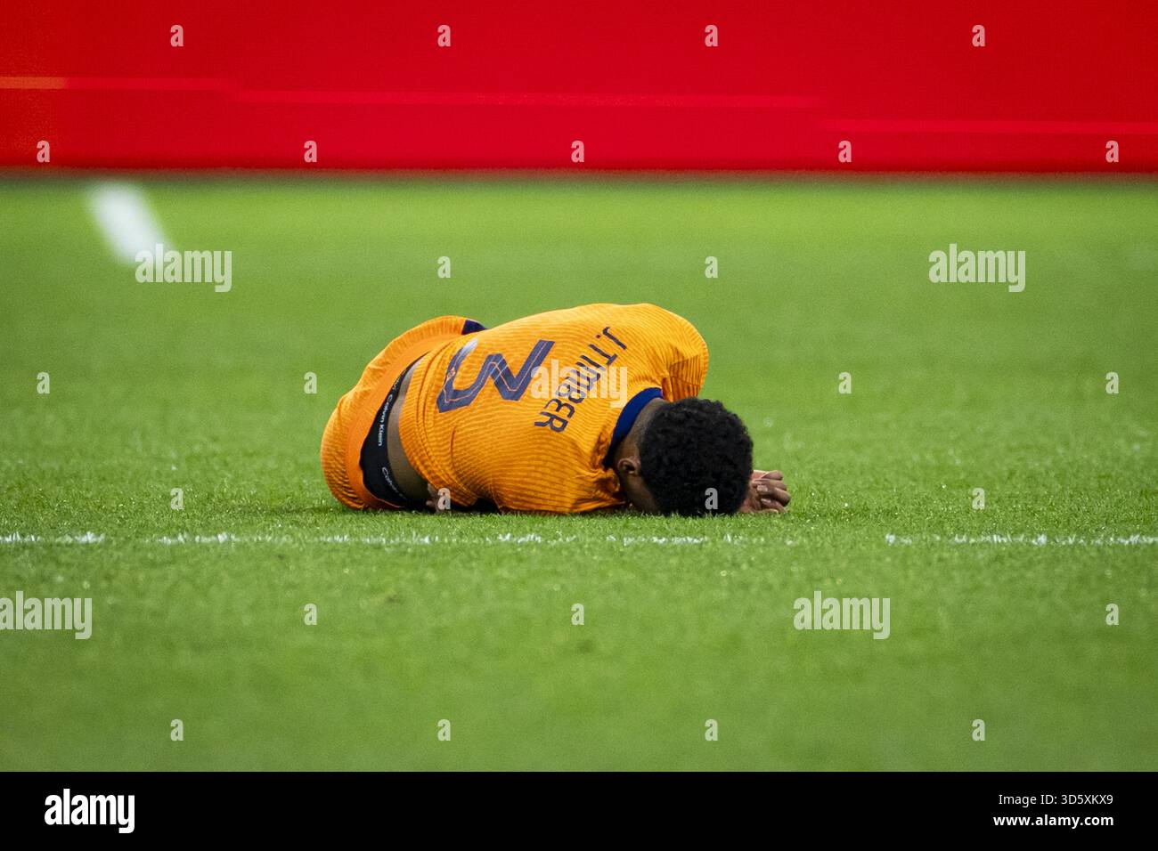 AMSTERDAM - Jurrien Timber of the Netherlands suffers pain during the ...
