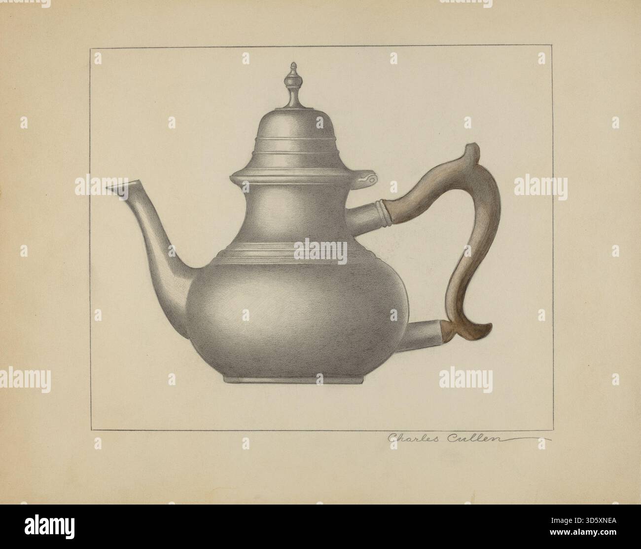 This pewter teapot by Charles Cullen, circa 1936, shows a rounded body ...