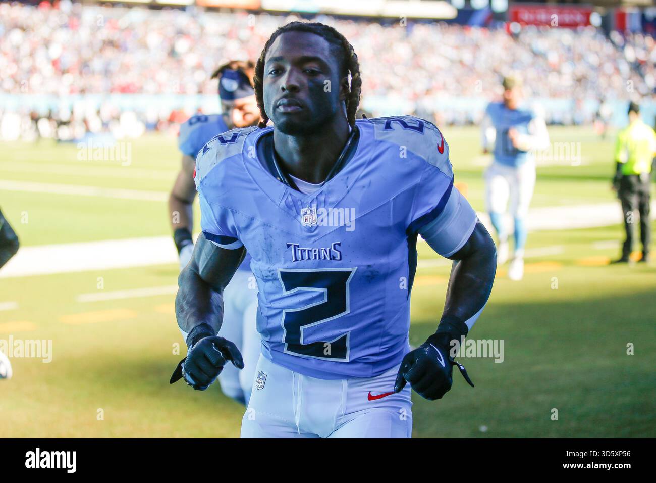 Tennessee Titans running back Tyjae Spears (2) walks to the locker room ...