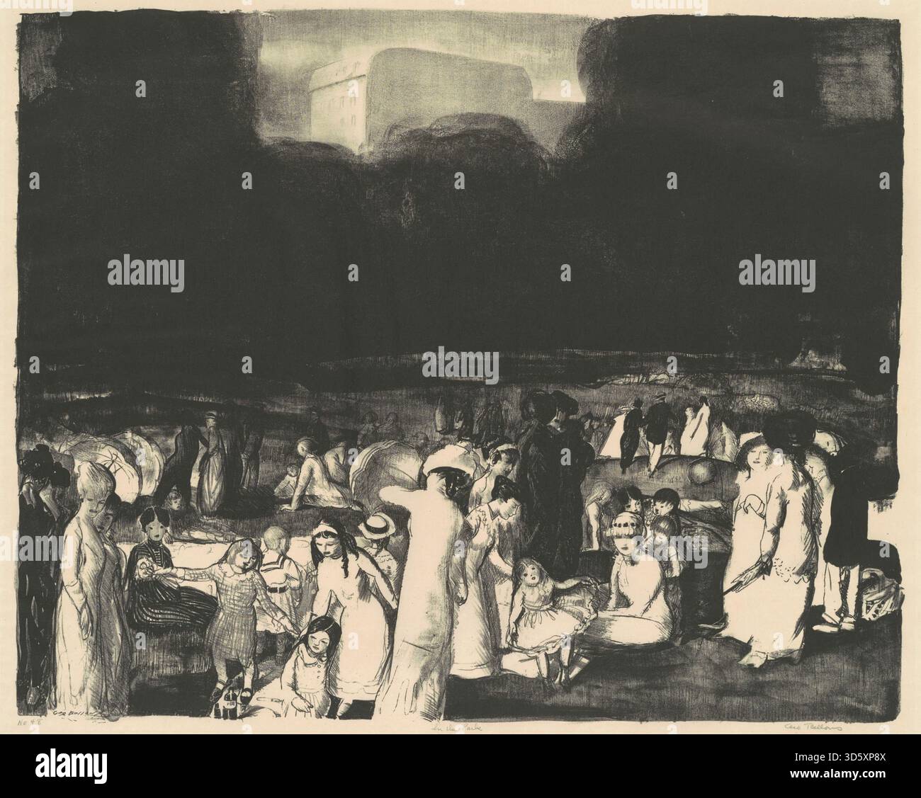 A 1916 painting by George Bellows titled 'In the Park, Dark', showing ...