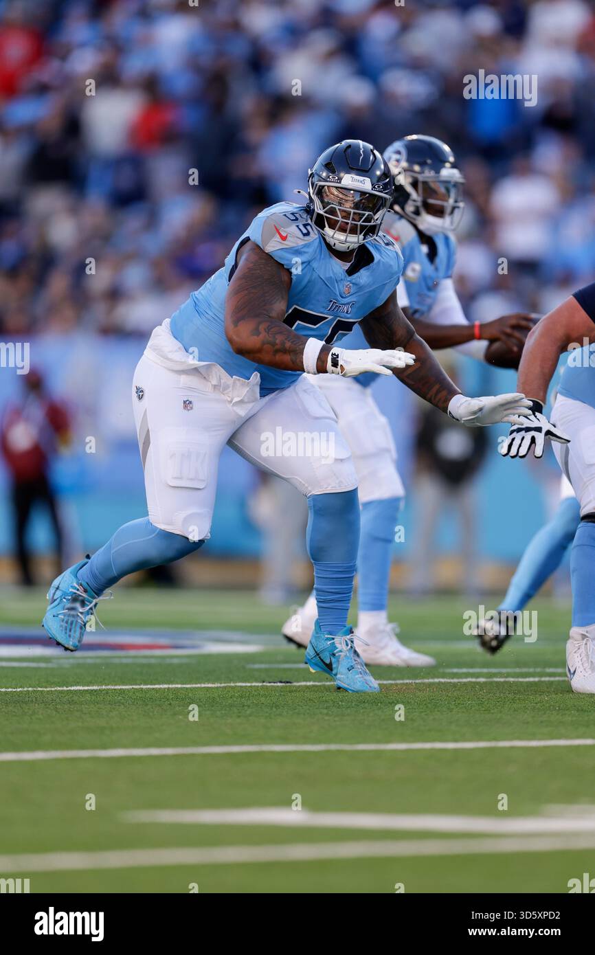 Tennessee Titans tackle JC Latham (55) blocks during the second half of ...