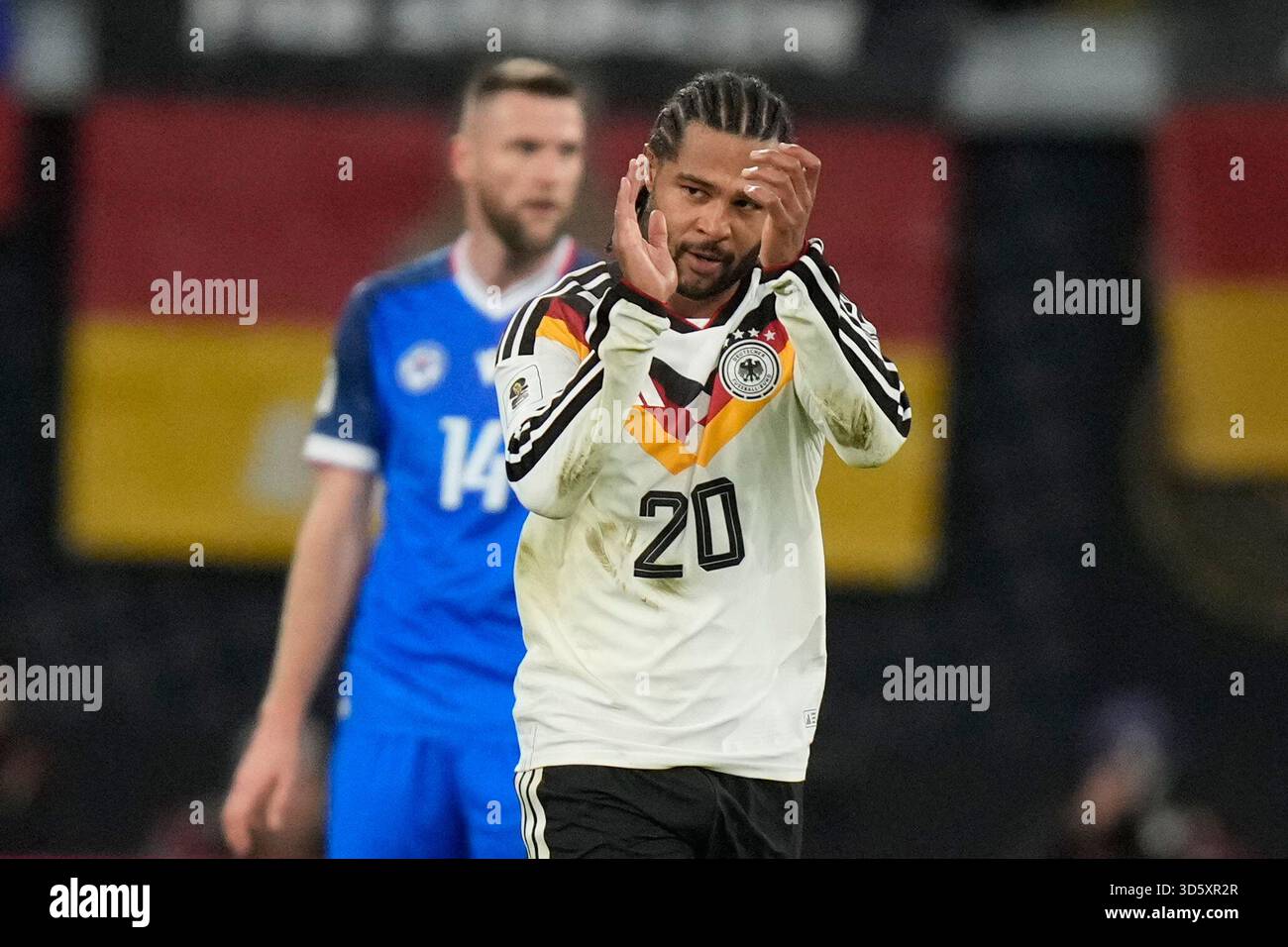 Germany's Serge Gnabry reacts after scoring during a group A World Cup ...