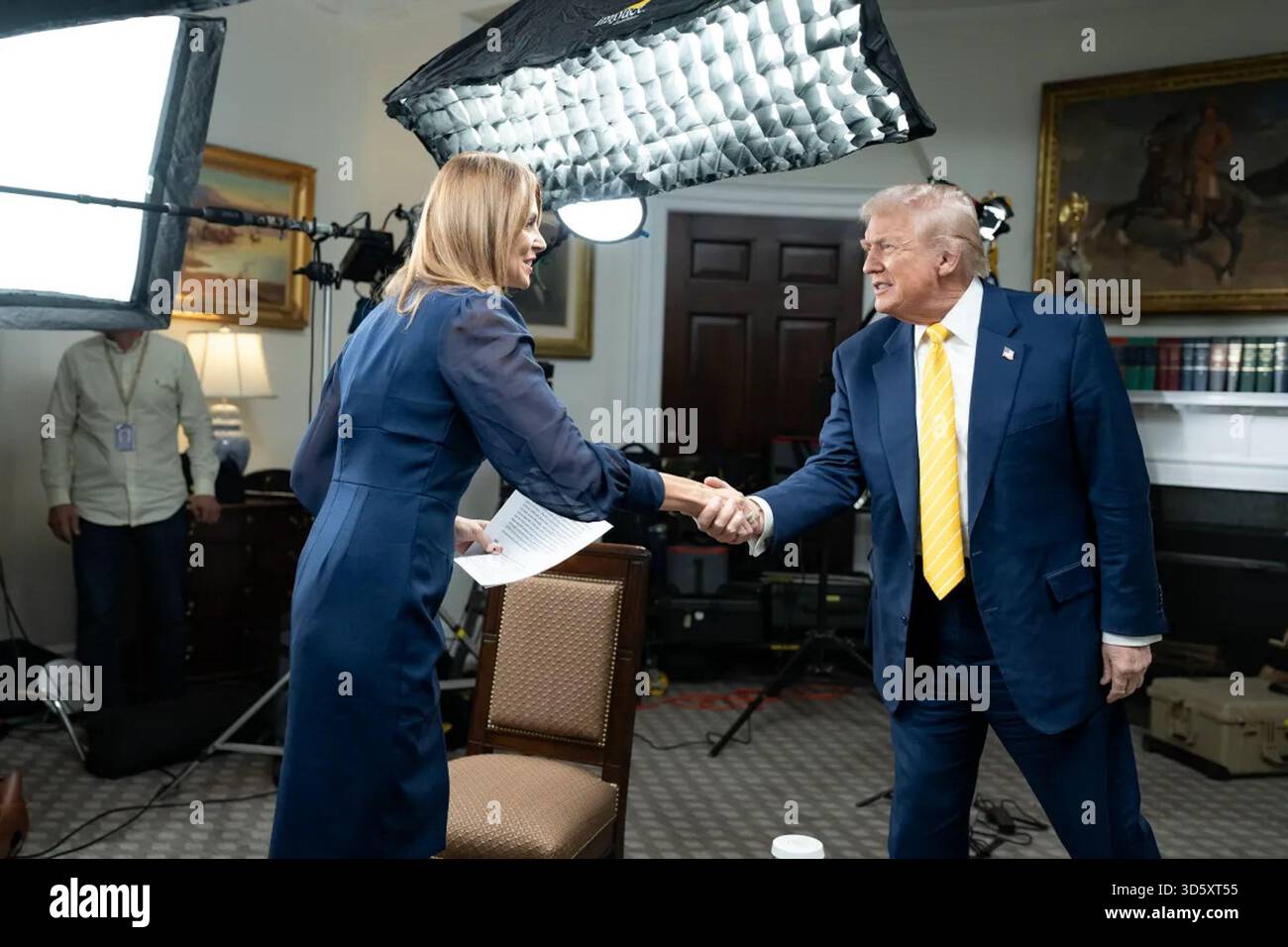 President Donald Trump greets interviewer Bev Turner before a GB News ...
