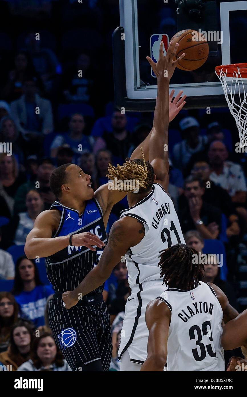 Brooklyn Nets forward Noah Clowney, right, defends against Orlando ...