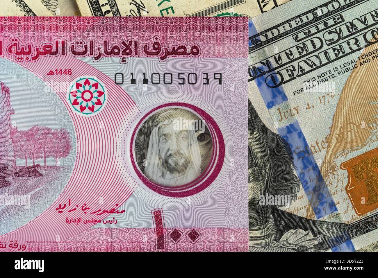 UAE One Hundred Dirham Banknote on Mixed US Dollar Bills Background ...