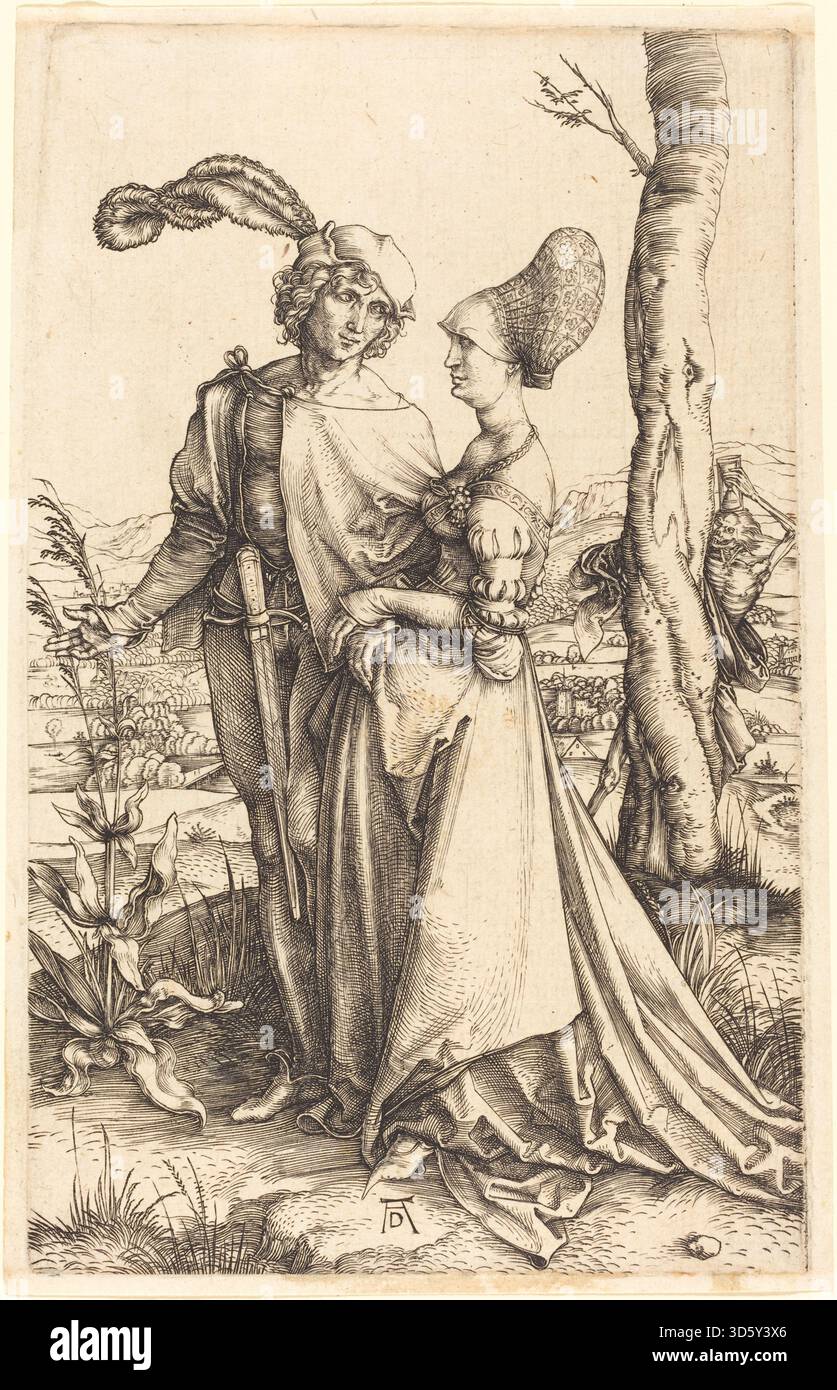 This engraving by Albrecht Dürer shows figures walking in an outdoor ...