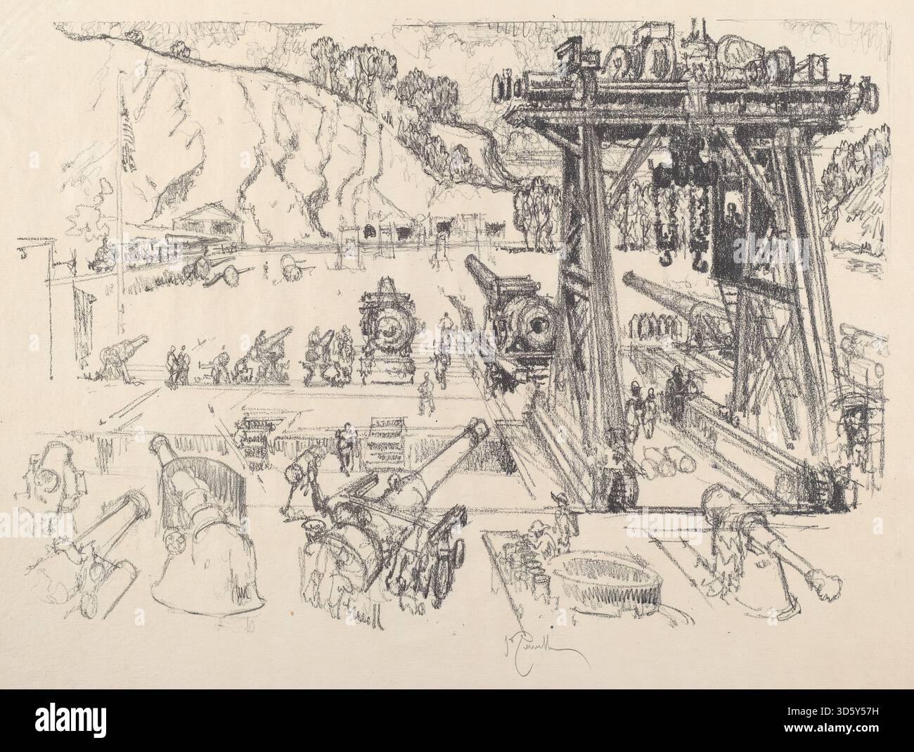 The Gun Testing Ground, illustrated by Joseph Pennell in 1917, depicts ...