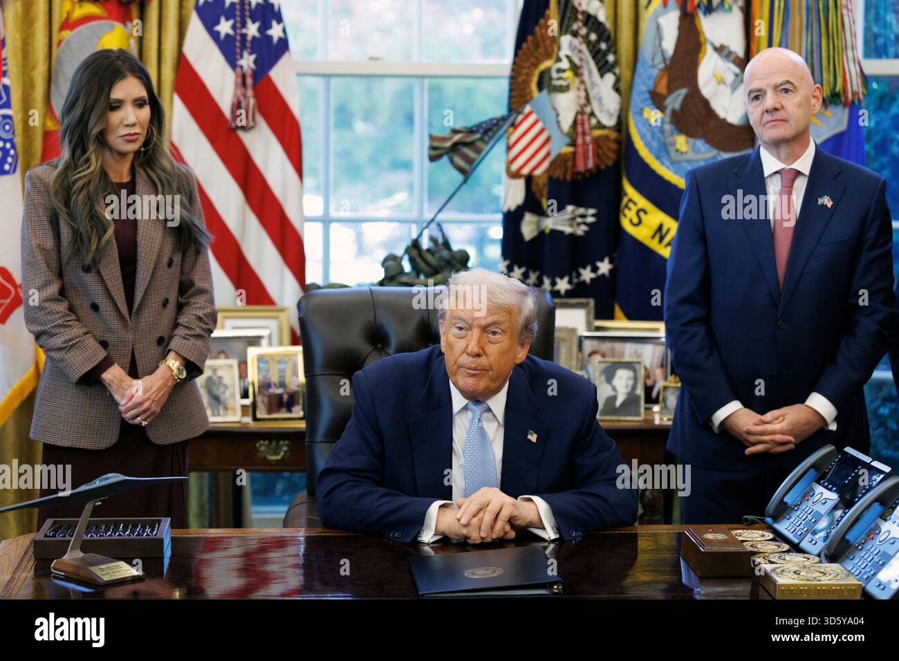 US Secretary of Homeland Security Kristi Noem (L) FIFA President Gianni ...