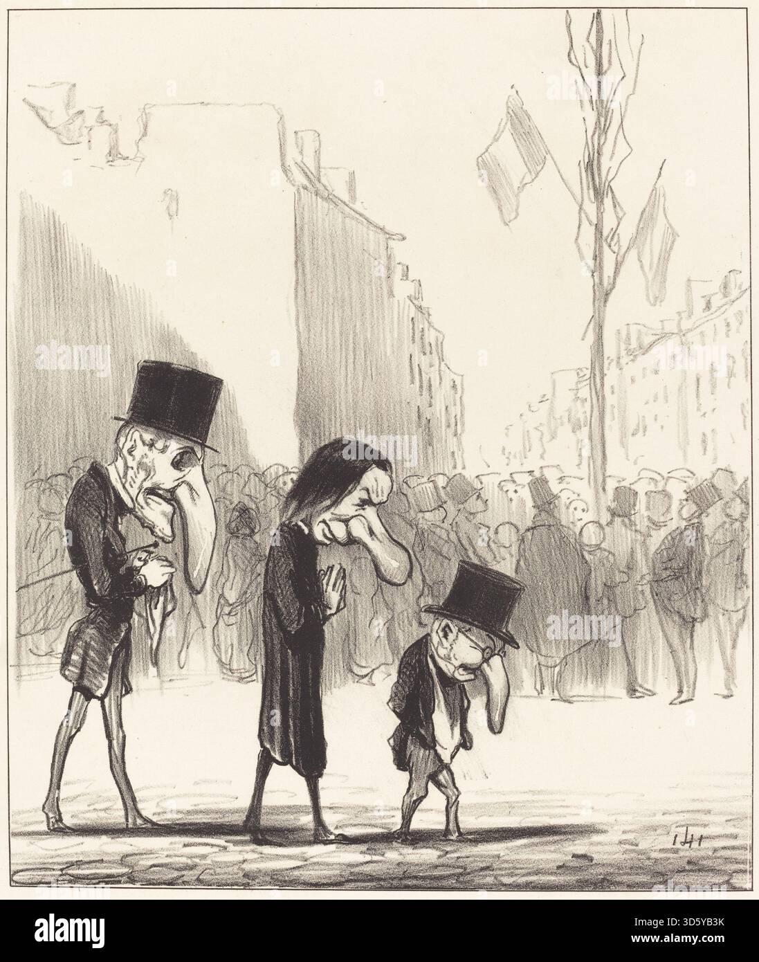 This lithograph by Honoré Daumier depicts three small saints ...
