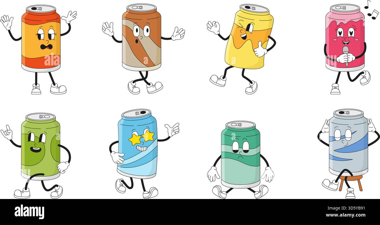 Retro drink can characters. Groovy soda cans or beer. Drink characters ...