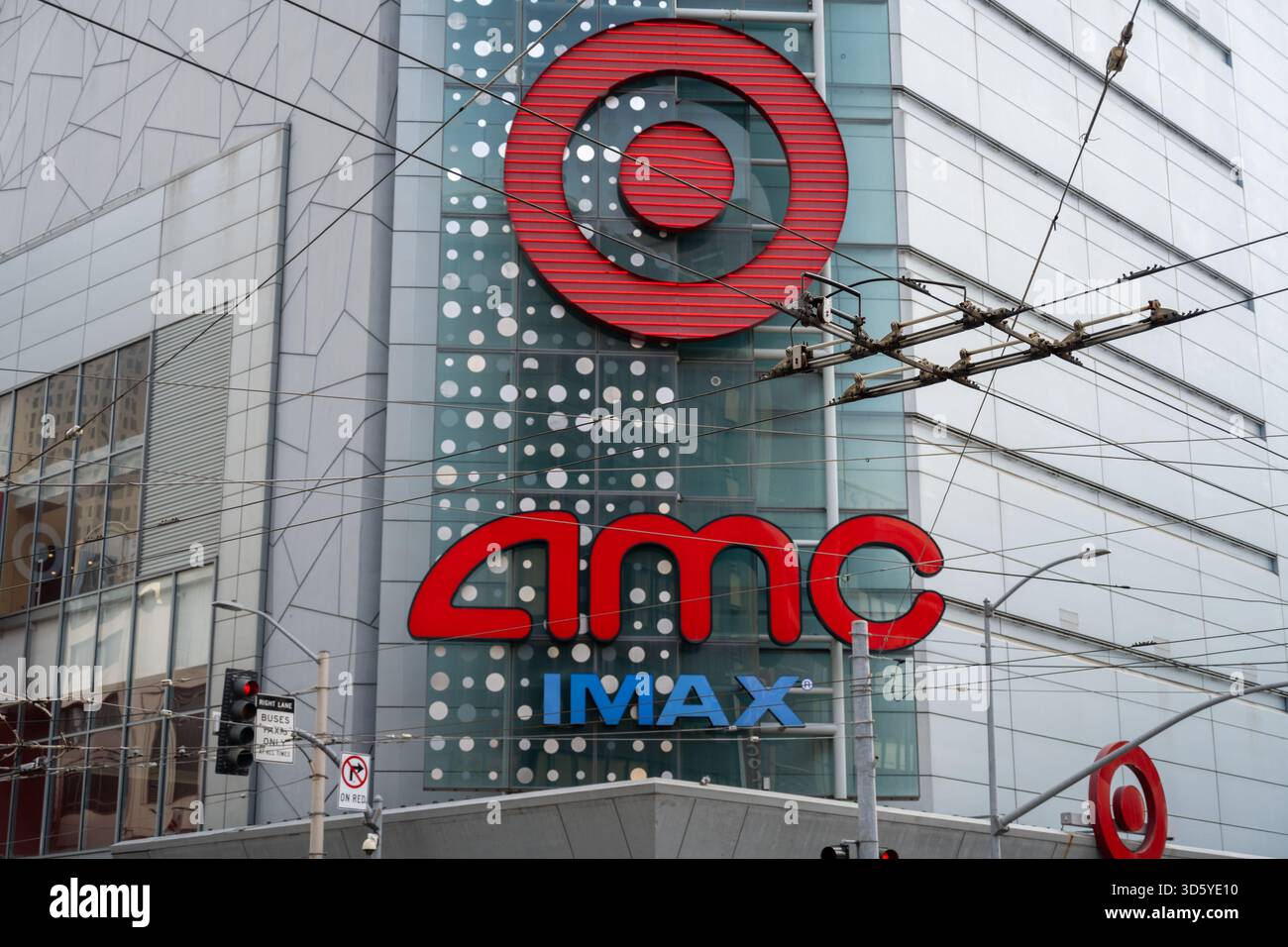 Facade of commercial building with Target bullseye and AMC IMAX signage ...