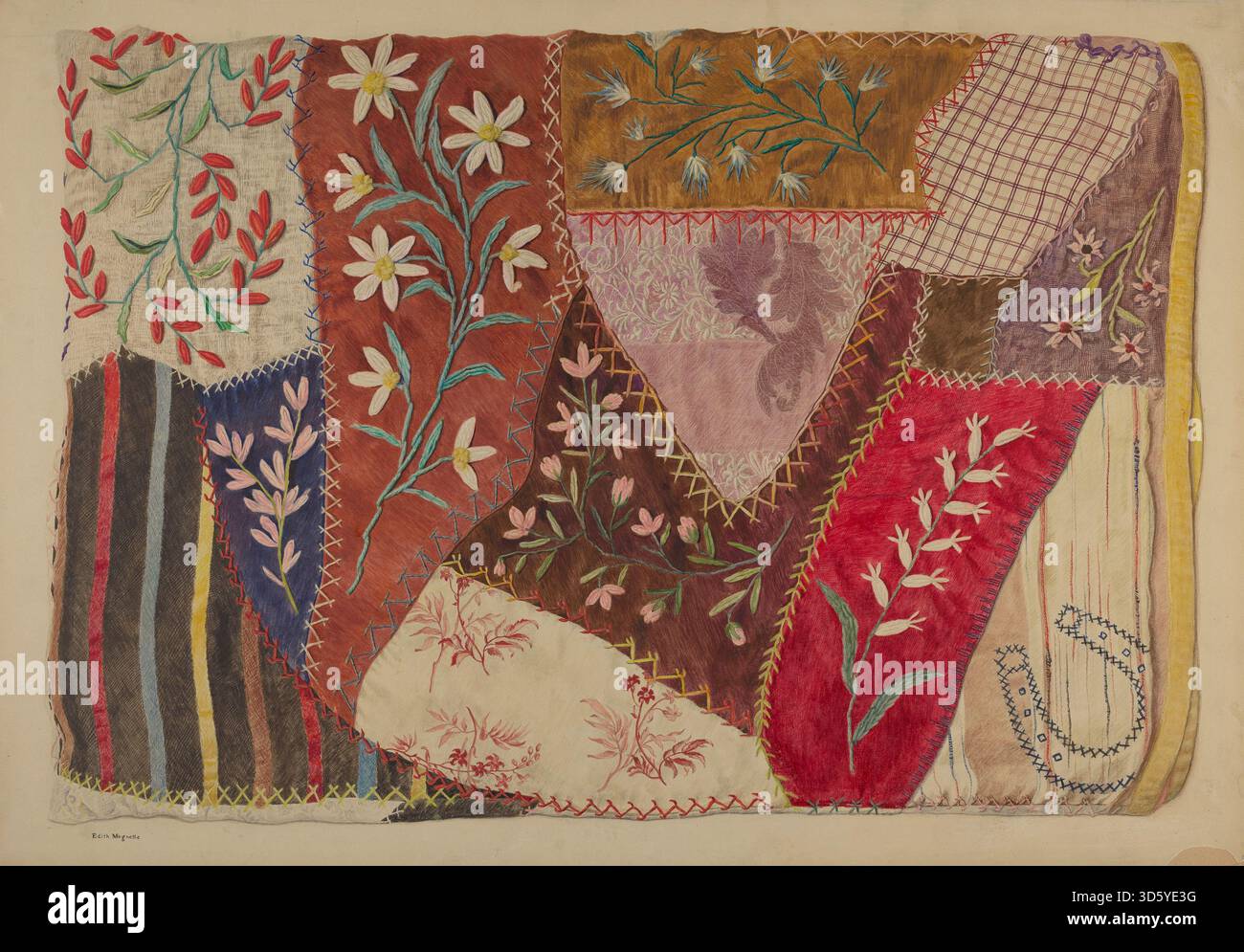 This crazy quilt by Edith Magnette, circa 1940, is a patchwork textile ...