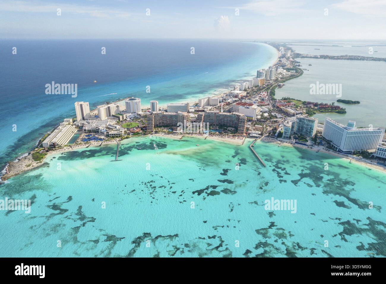 Aerial panoramic view of Cancun city hotel zone in Mexico. Caribbean ...