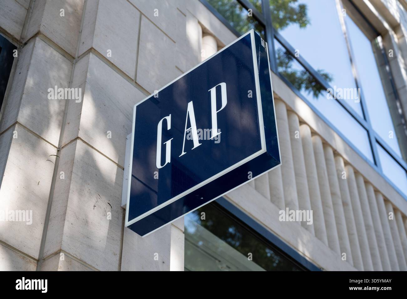 GAP store sign on exterior of retail building with stone facade, San ...