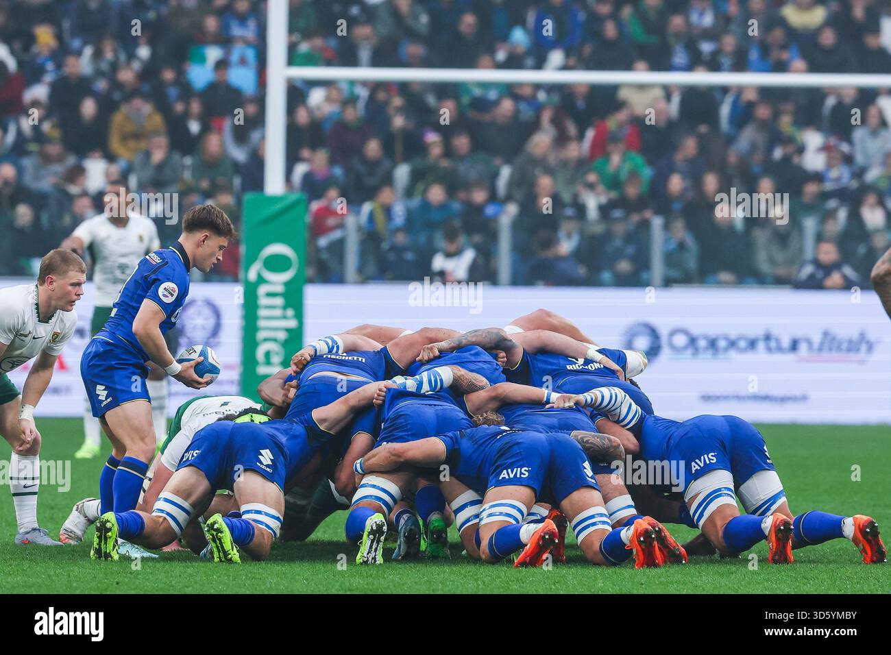 Stephen Varney of Italy holds the ball before feeding the scrum during ...