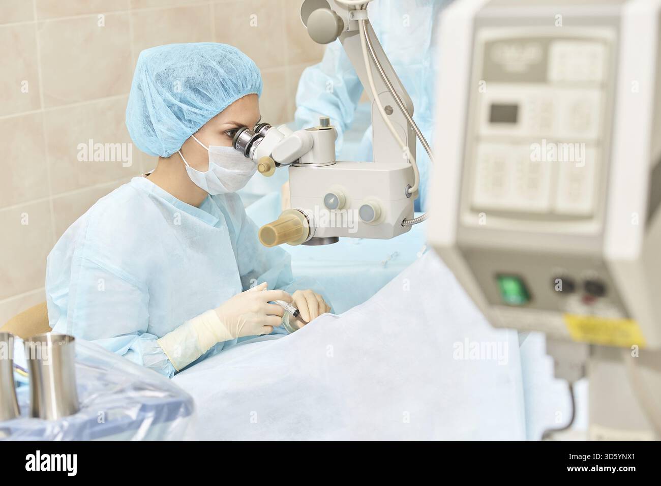 Ophthalmology laser microscope operation. Doctor in clinic. Patient eye ...