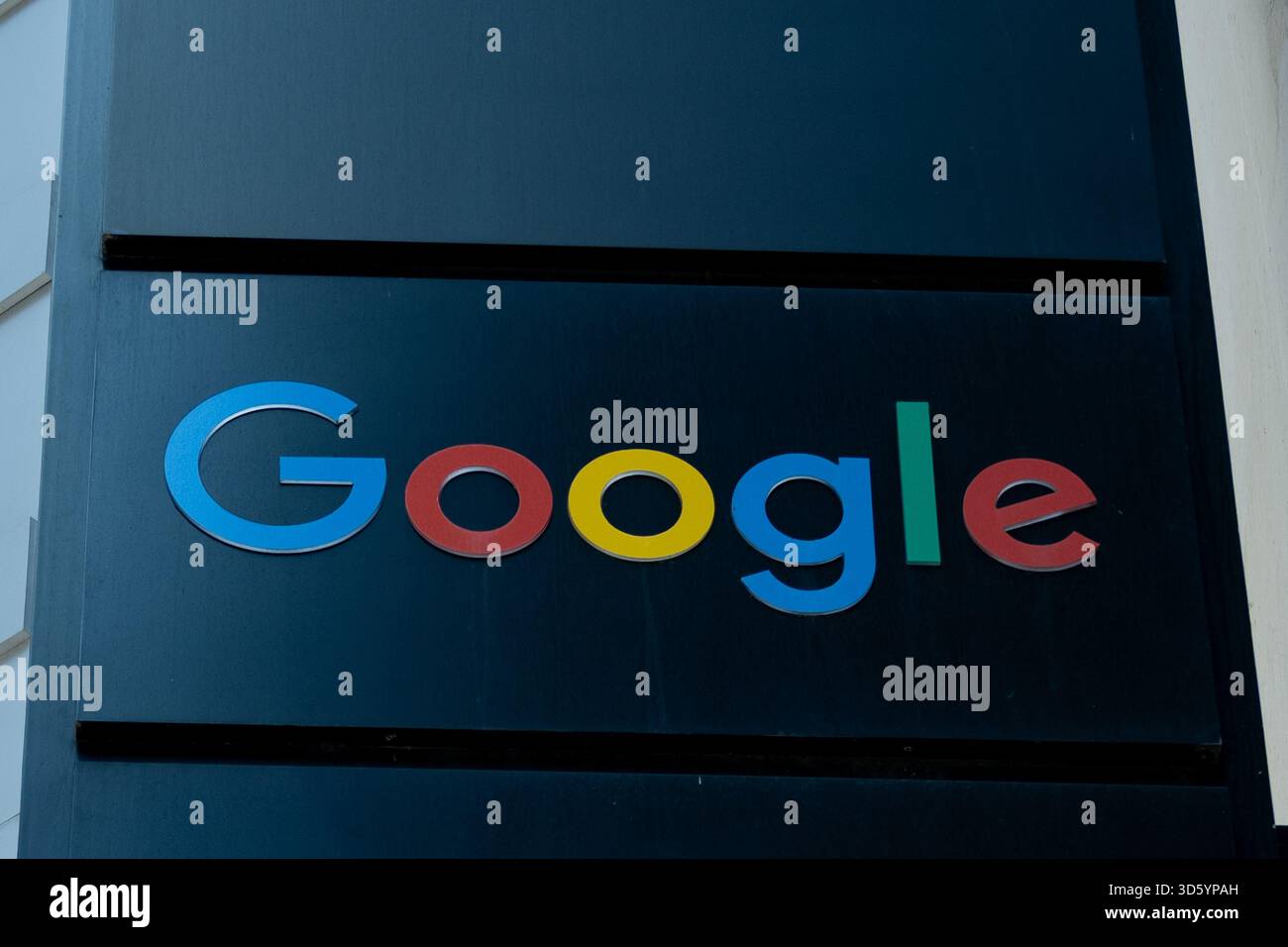 Close-up of Google logo on exterior sign at office building, San ...