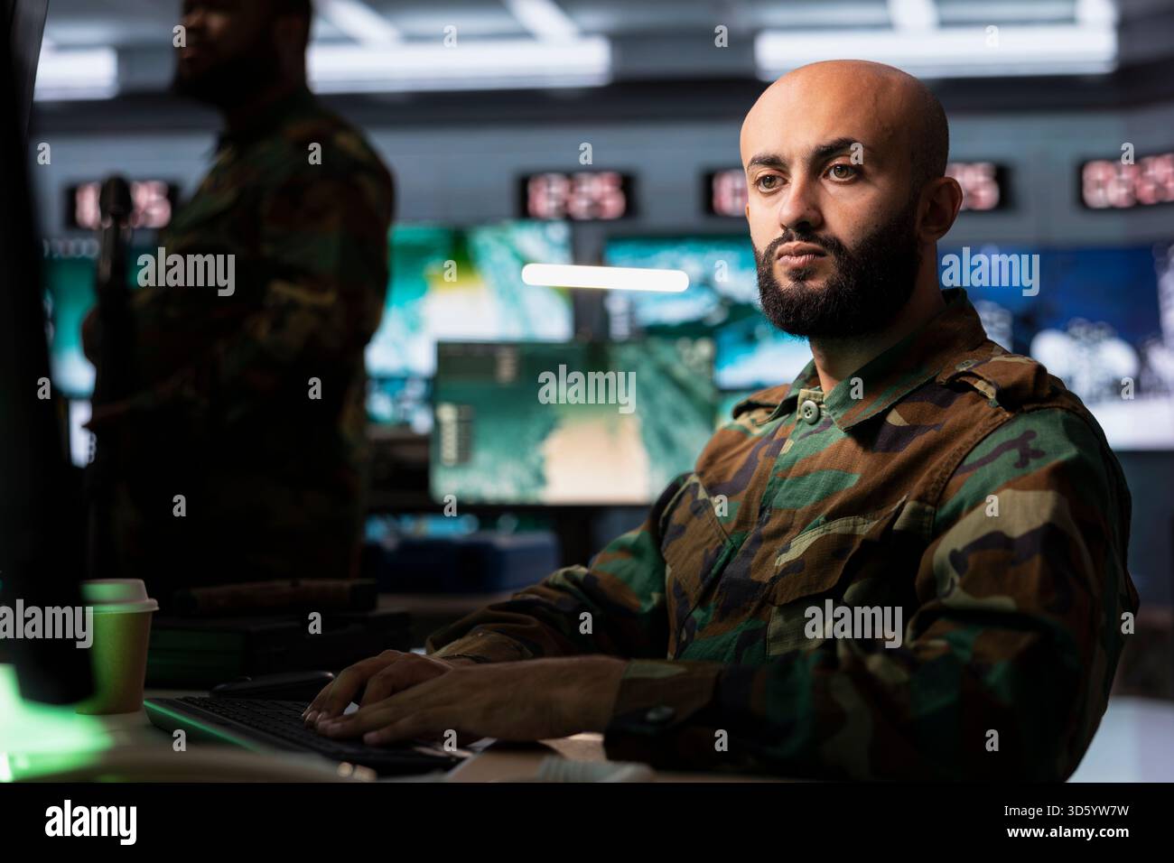 Army officer managing air traffic control using radar surveillance ...
