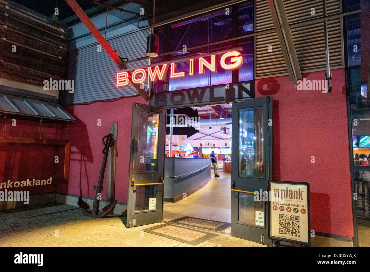 Illuminated sign reading Bowling outside Plank in Jack London Square ...