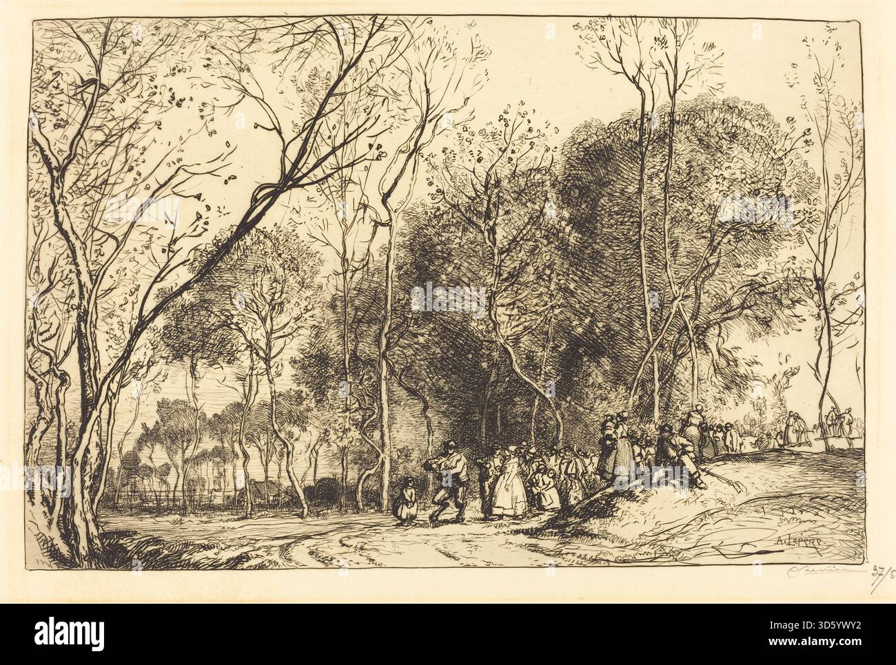 This 1908 print by Auguste Lepère depicts a summer wedding procession ...