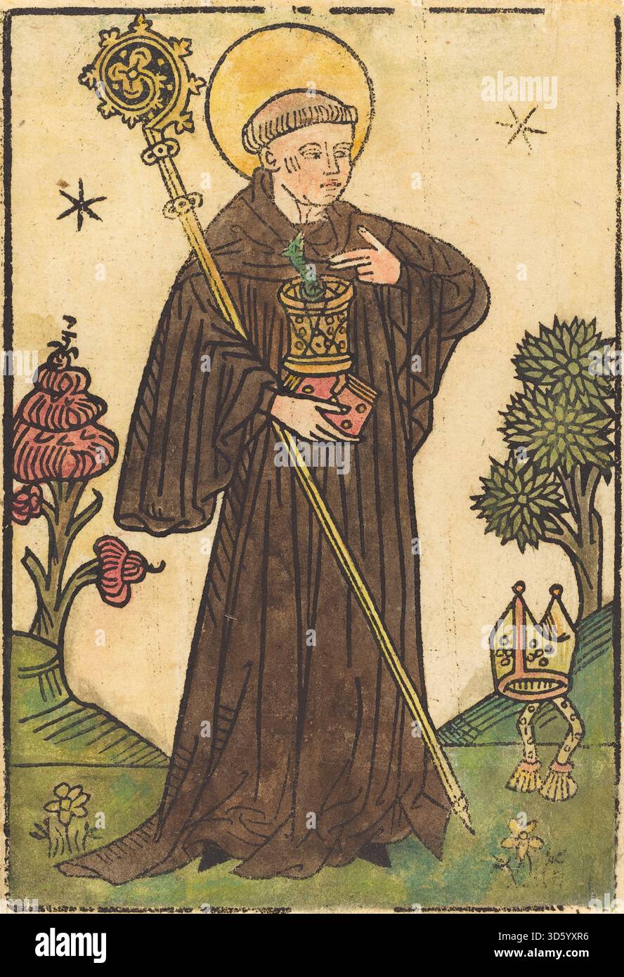 A German 15th-century depiction of Saint Benedict, featuring ...