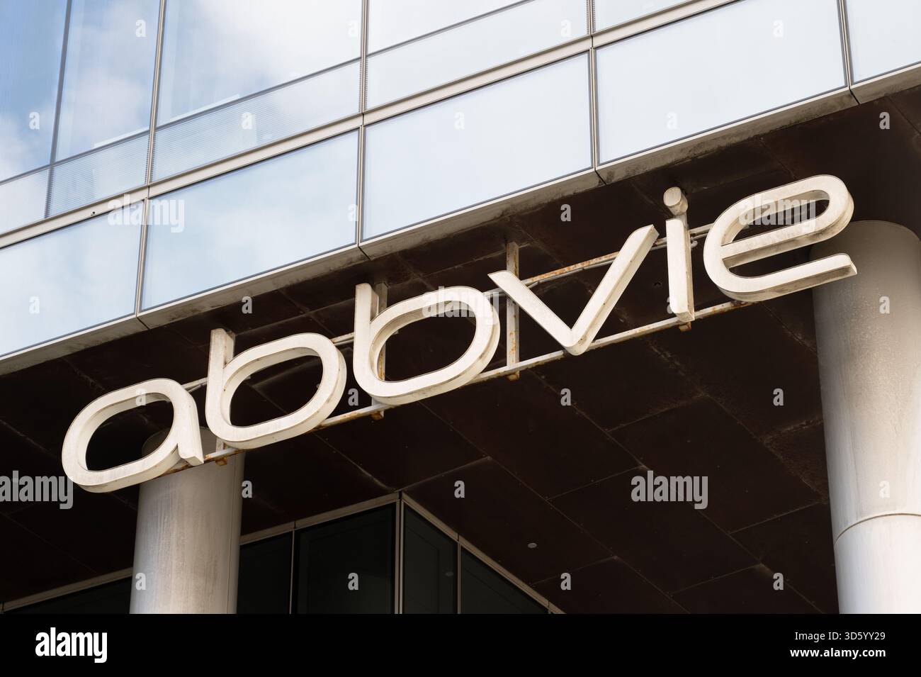 Close-up of AbbVie logo signage on office building exterior, South San ...