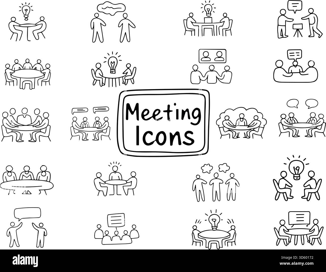 Black and white meeting icon set with teamwork tables, speech bubbles ...