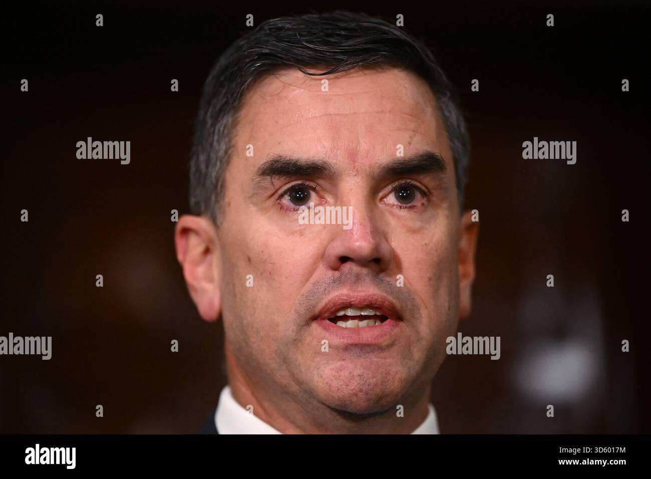 Outgoing Victorian Opposition Leader Brad Battin speaks following a ...