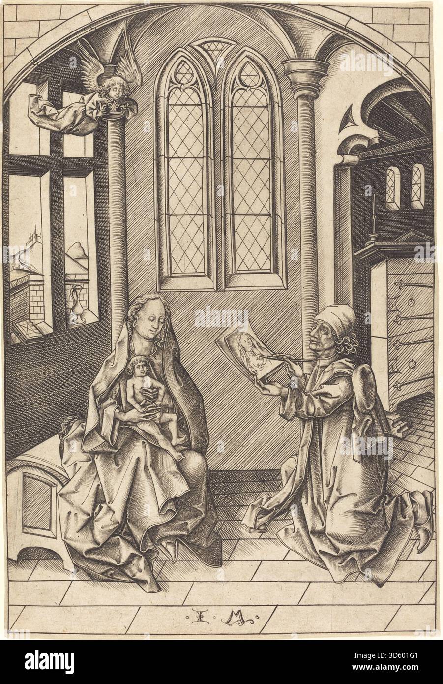 An engraving by Israhel van Meckenem depicting Saint Luke drawing a ...
