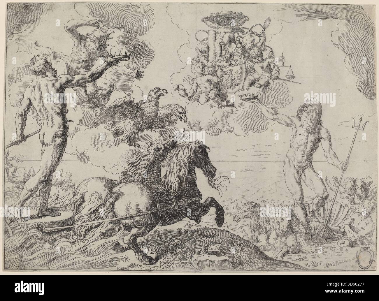 Simone Cantarini's painting 'Jupiter, Neptune and Pluto' depicts the ...