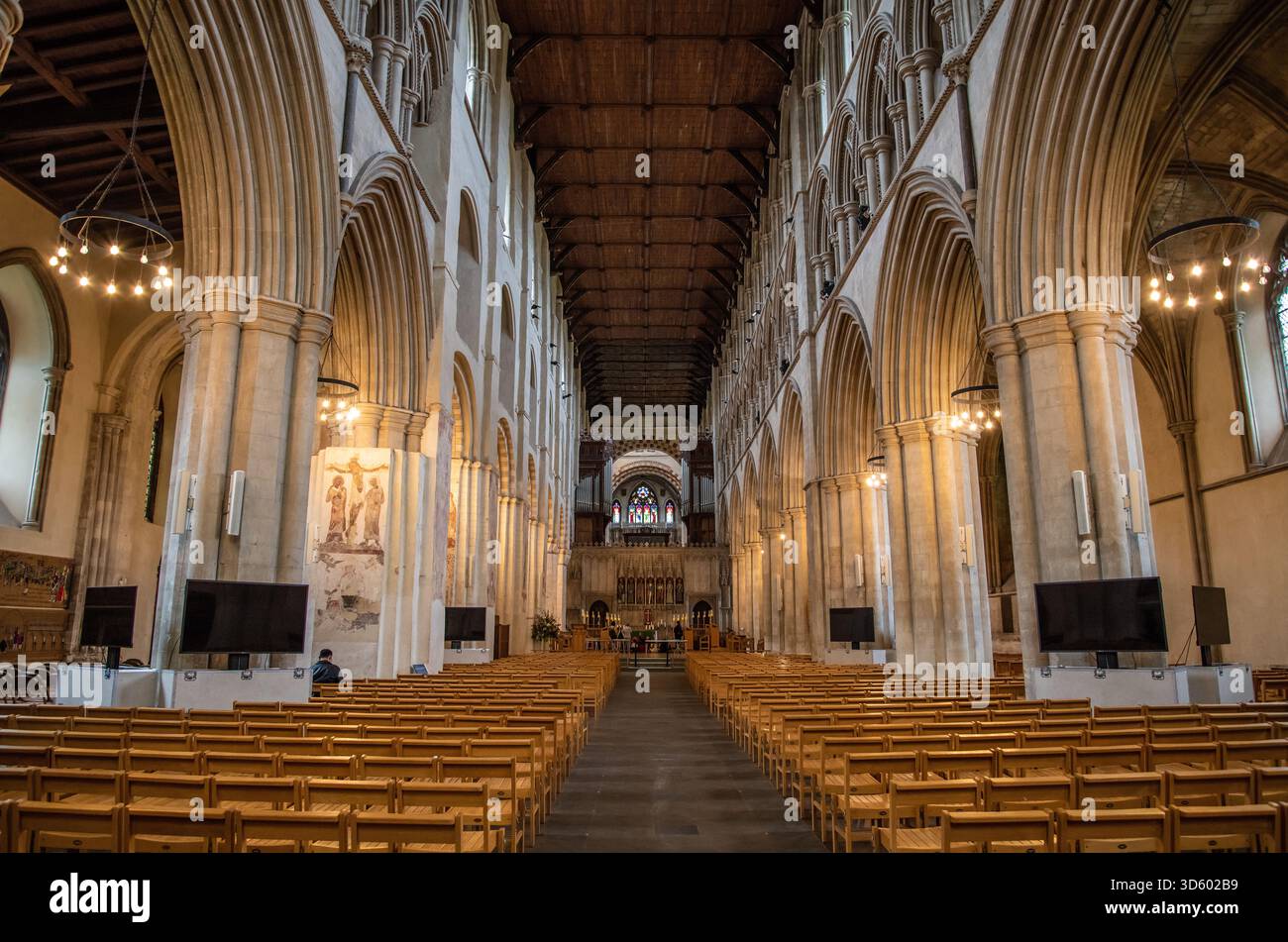 Interior of St Albans Cathedral looking toward the altar, showcasing ...