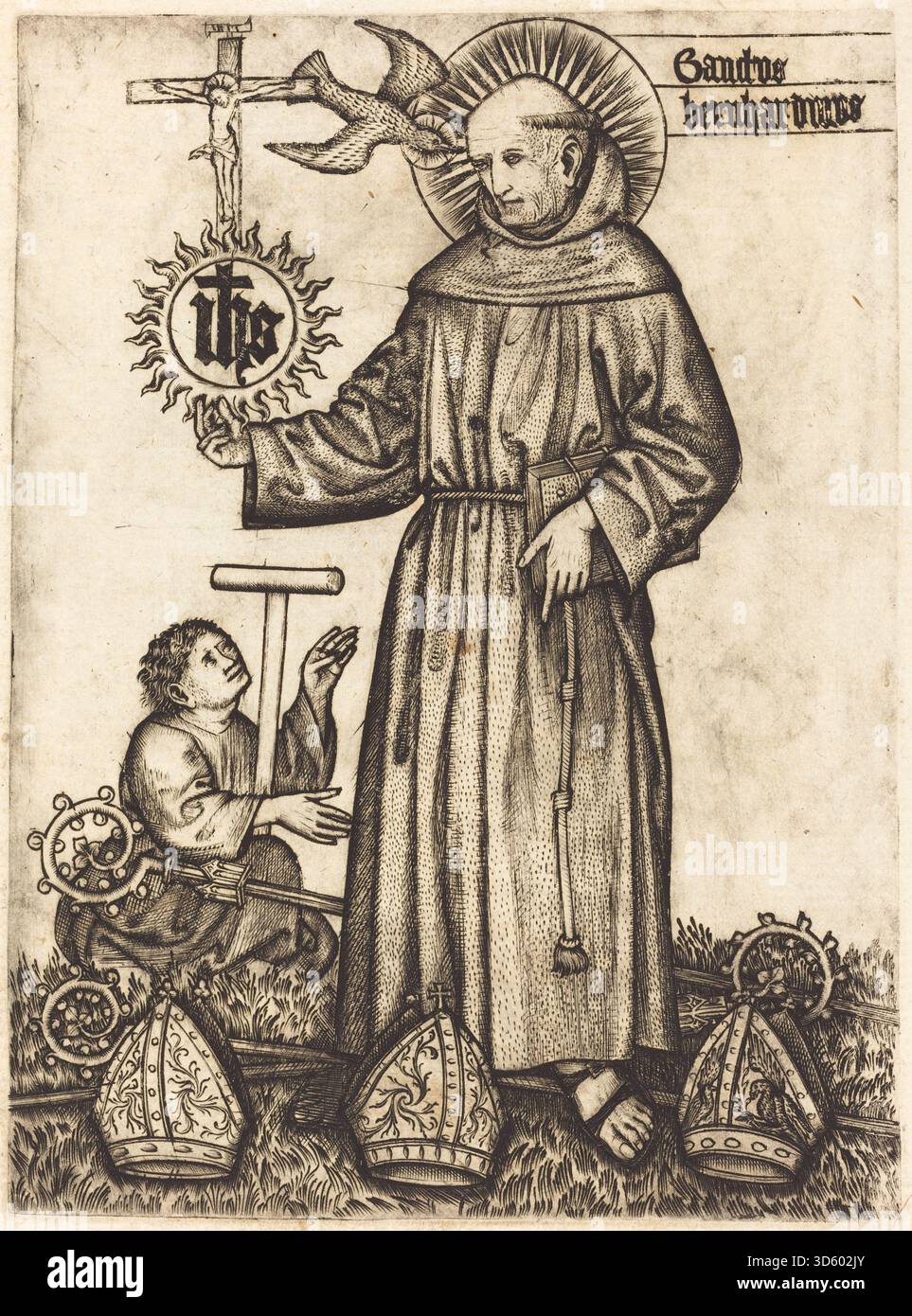 Depicts Sanctus Bernhardinus, a revered religious figure, emphasizing ...